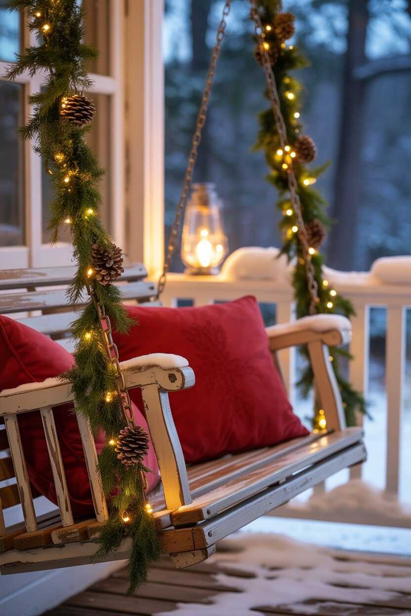 Vintage Christmas Porch Swing With Red Cushions