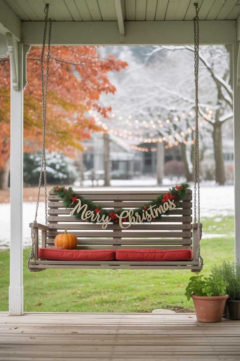 Vintage Christmas Porch Swing With Red Cushions